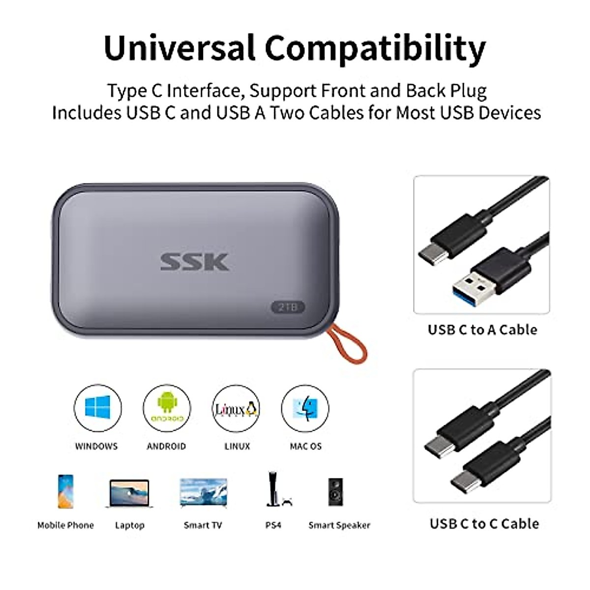 SSK Portable SSD 2TB External Solid State Drives, up to 1050MB/s USB C SSD External Hard Drive USB 3.2 Gen2 for iPhone 15/Pro, Windows, Mac, Android Phones and Tablets