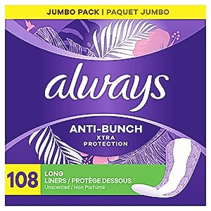 Always Anti-Bunch Xtra Protection Daily Liners Long Unscented, Anti Bunch Helps You Feel Comfortable, 108 Count