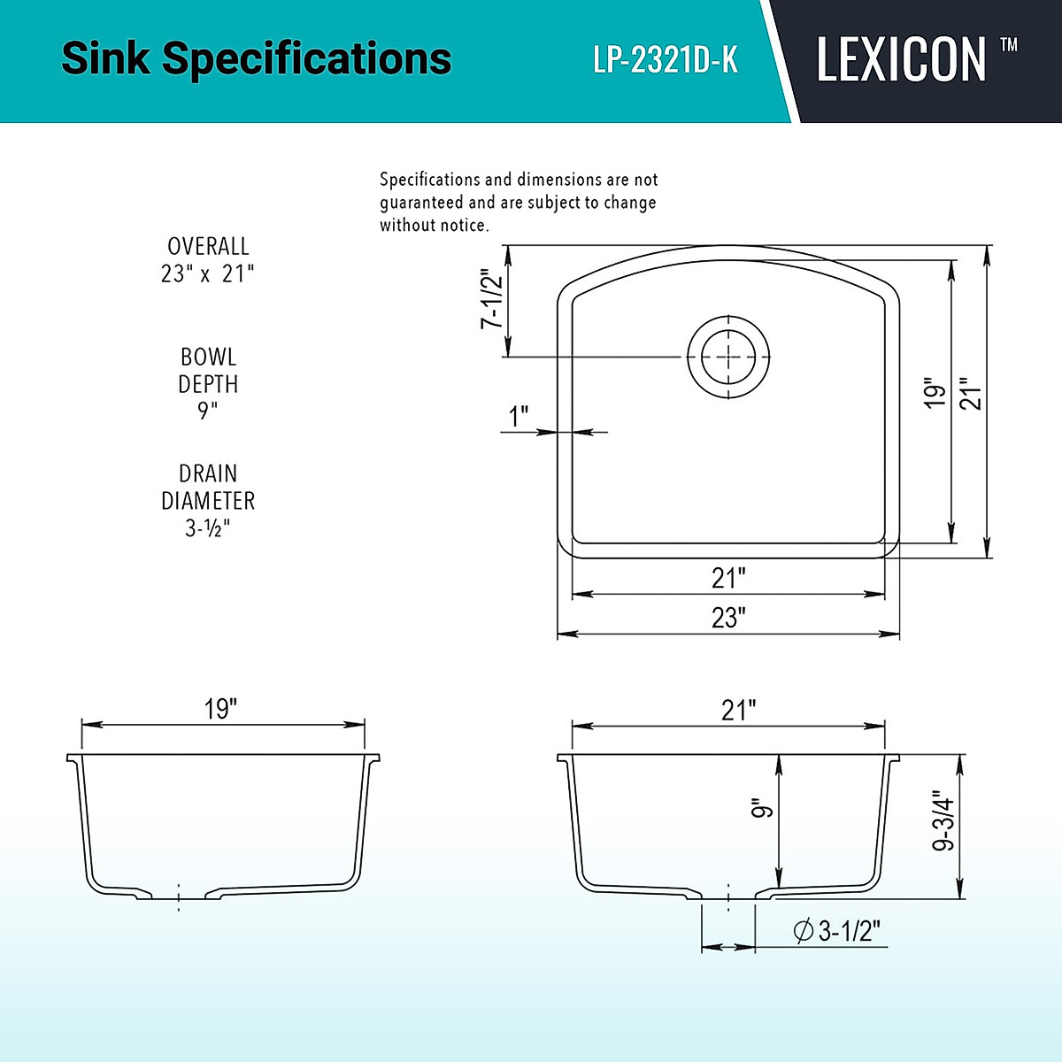 23" x 21" Quartz Kitchen Sink,D-Shaped, Single Bowl Kitchen Sinks, Drop in Kitchen Sink, Granite Composite Kitchen Sink, Undermount Sink, Galaxy black kitchen sinks, with Grid, Strainer, LP-2321D-K