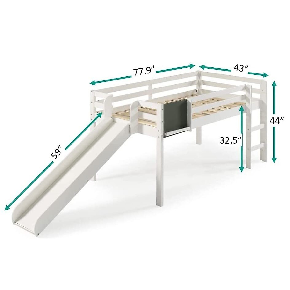 Naomi Home Cindy Kids Loft Bed with Slide, Twin Loft Bed with Slide, Toddler Loft Bed with Slide, Loft Bed Slide with Ladder, Chalkboard, Pine Wood Space Saving Kids Bed Frame for Boys, Girls, White