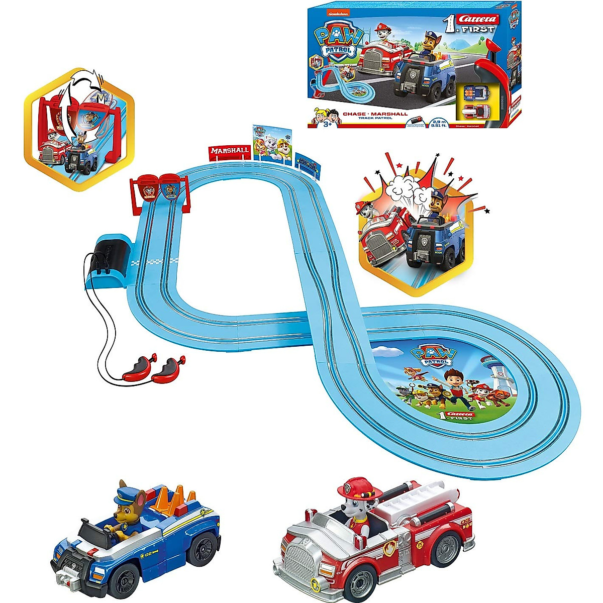 Carrera First Paw Patrol - Slot Car Race Track - Includes 2 Cars: Chase and Marshall - Battery-Powered Beginner Racing Set for Kids Ages 3 Years and Up-Multicolor