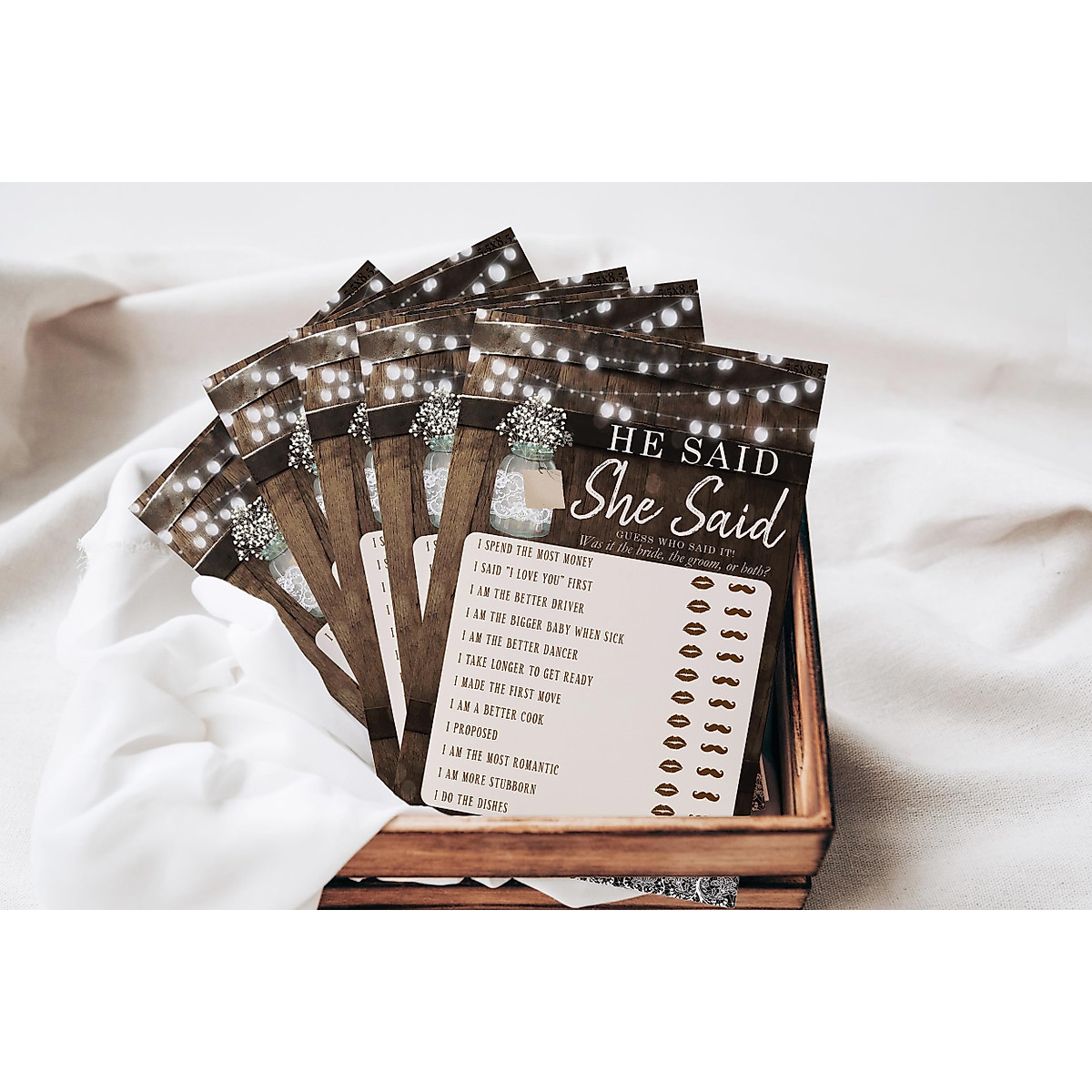 Your Main Event Prints Bridal Shower Bachelorette Games, Rustic Wood Barrel Mason Jar, He Said She Said, Find The Guest Quest, Would She Rather, Phone Game, 25 games each