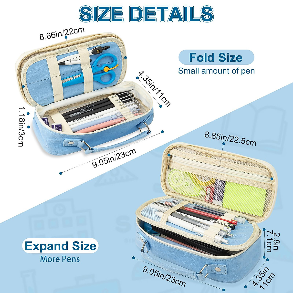 Qbily Large Capacity Pencil Pen Case, Office School College Pencil Pen Stationery Storage Case Pouch Bag Box, Light Blue