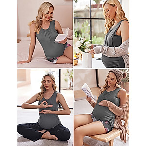 Ekouaer Nursing Pajamas for Women Breastfeeding Sleeveless Tank Top and Shorts Set Maternity Loungewear Summer Post-parturn Sleep Set Floral Grey XL