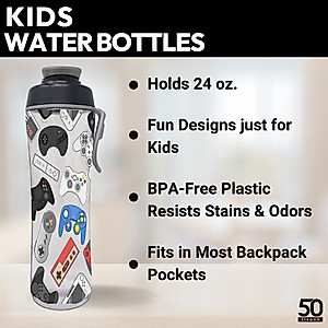 50 Strong Kids Water Bottle with Chug Lid and Easy Carry Handle | 24 oz BPA-Free Tritan Cup with Leakproof Cap | Reusable and Durable for Boys, Girls, School, and Sports | Made in USA (Video Games)