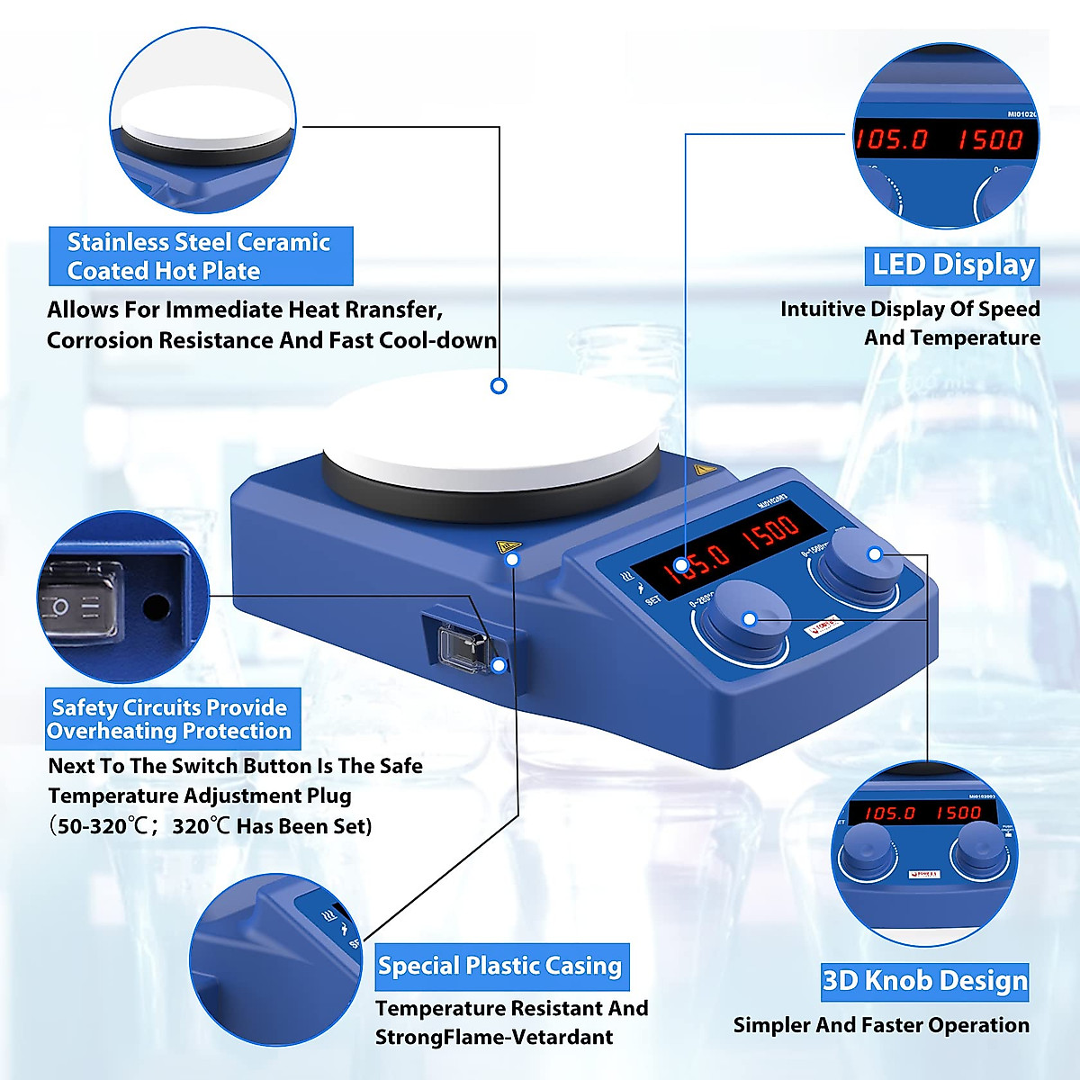 FOUR E'S SCIENTIFIC 5 Inch Magnetic Stirrer Hot Plate Max Temp 280℃/536°F | Max 5L Stirring Capacity | 100-1500RPM | 110V | Laboratory Hot Plate with Temp Probe Sensor & Stir Bar (Not Include Stand）