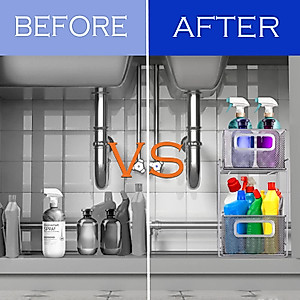 Artestia Under Sink Organizers and Storage Pull Out Drawers 2 Tiers Mesh Sliding Bathroom Cabinet Organizers Baskets Multipurpose Storage Shelf for Bathroom Kitchen, Silver