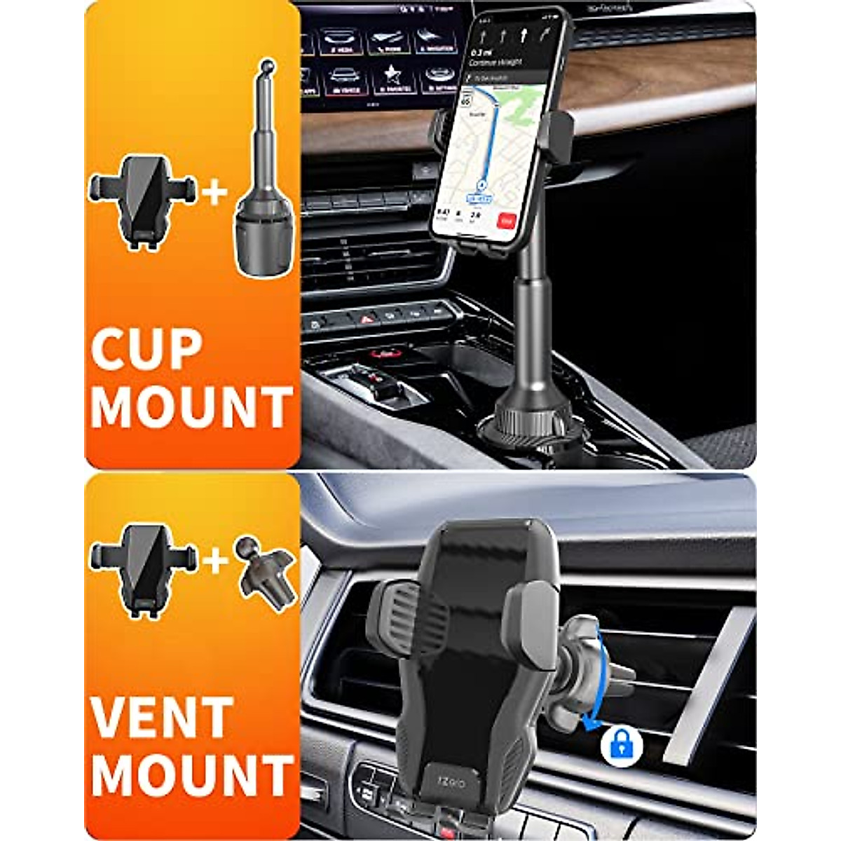 1Zero Rock Solid Cup Holder Phone Mount for Car Low Profile No Shaking Long Arm 2in1 Air Vent Car Phone Mount Compatible with All iPhone Samsung Cell Phones for Truck SUV Tesla Golf Cart Boat