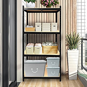 Shelves for Storage, Garage Racking Shelving Unit, 4 Tier Heavy Duty Shelf Unit for Shed Warehouse Workshop Garden, 63" H x 31" W x 16" D, Black, Metal & MDF Boltless Assembly System