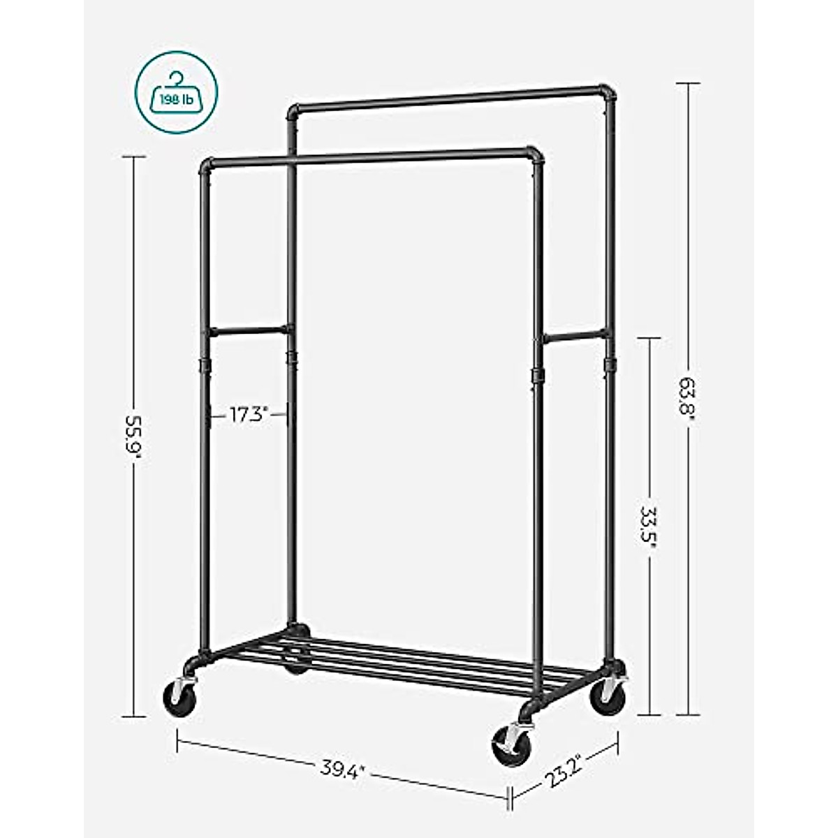 SONGMICS Heavy Duty Clothes Rack, Industrial Pipe Clothing Rack with Shelf, Double Rod Garment Rack on Wheels, Commercial Grade, for Hanging Clothes, Storage Display, Black UHSR60B