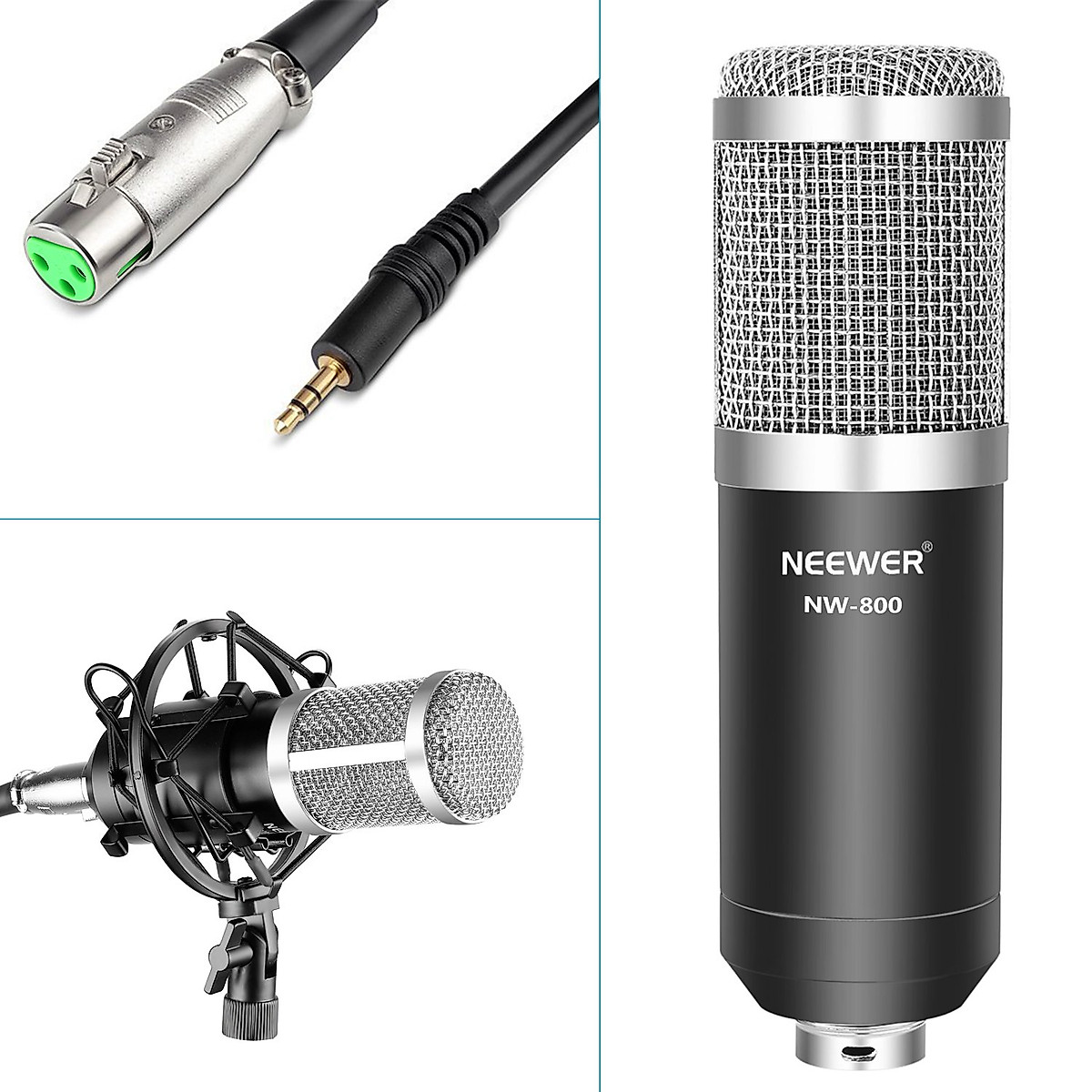 Neewer NW-800 Silver Professional Studio Broadcasting Recording Condenser Microphone & NW-35 Adjustable Recording Microphone Suspension Scissor Arm Stand with Shock Mount and Mounting Clamp Kit