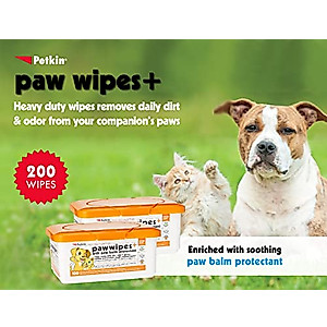 Petkin Paw Wipes Plus, 200 Orange Scented Wipes, 2 Pack - Absorbent Pet Paw Wipes Remove Daily Dirt & Odors - Enriched with Paw Balm Protectant -Easy to Use Pet Wipes for Dogs, Cats, Puppies & Kittens