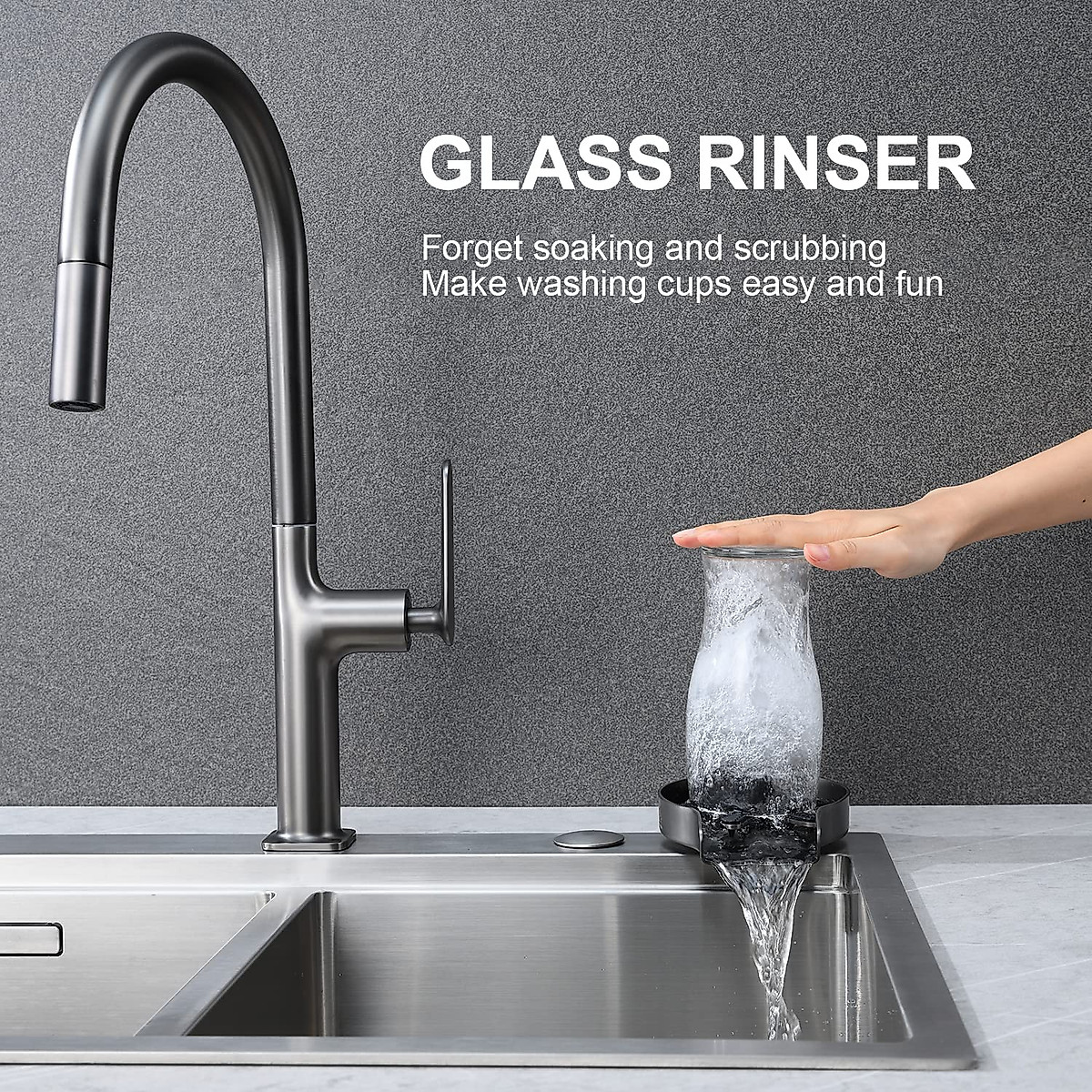 Glass Rinser Cup Bottle Washer Cleaner for Kitchen Sinks, Kitchen Sink Accessories Attachment Stainless Steel Brush Black
