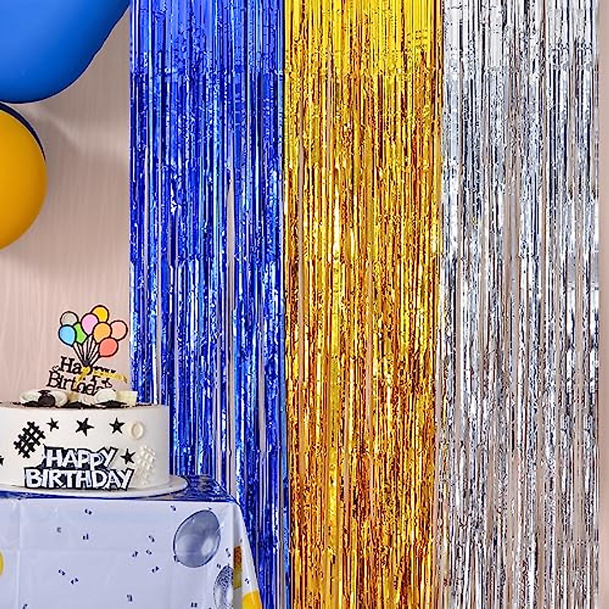 LOLStar 2 Pack Navy Blue Gold and Silver Party Decorations 3.3X6.6 ft Each Foil Fringe Tinsel Curtains Backdrop, Streamers - Perfect for Birthdays, Showers, Retirement， Graduations, Weddings
