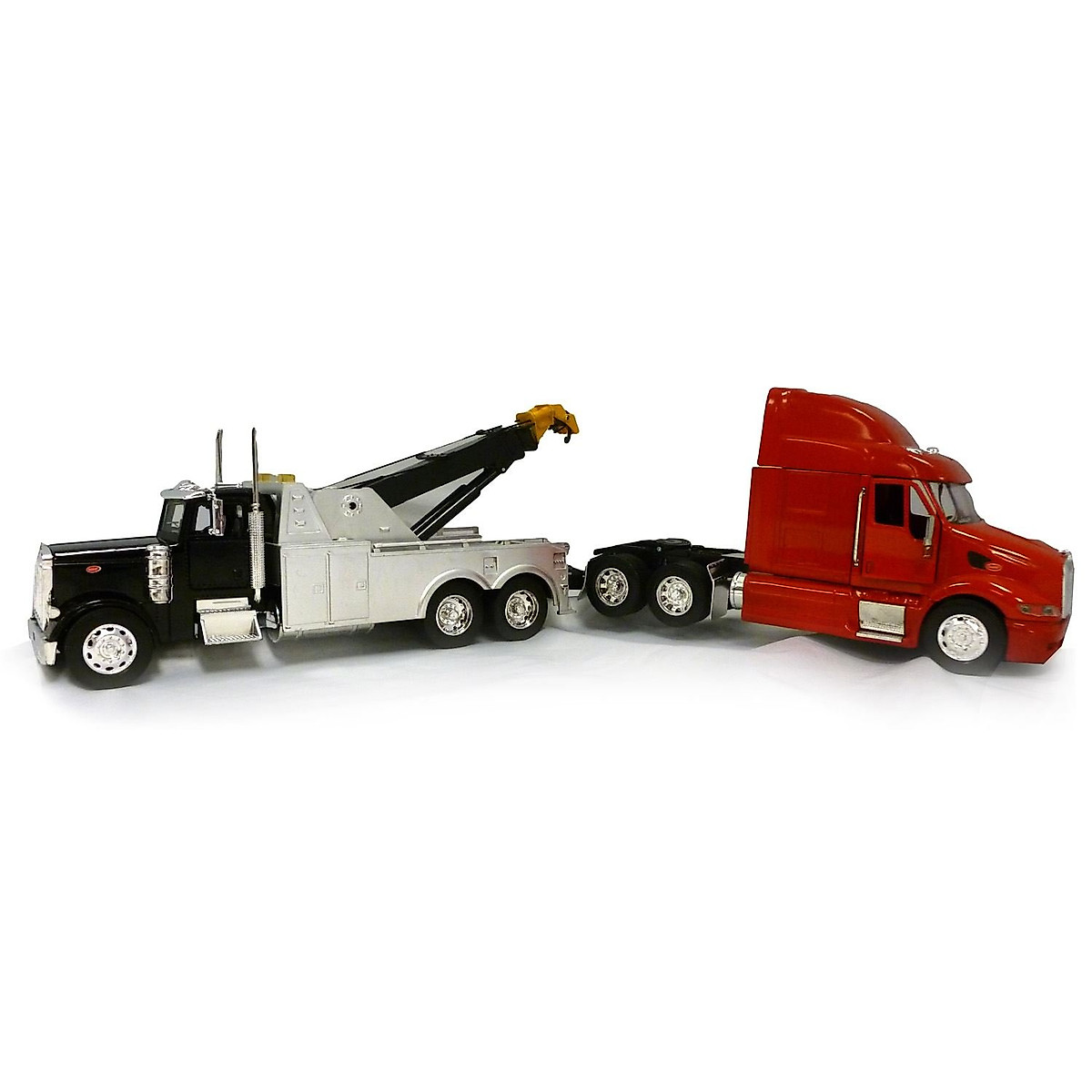 Newray Peterbilt Black Tow Truck with Red Peterbilt Cab 1/32 Scale Pre-Built Diecast Model Set