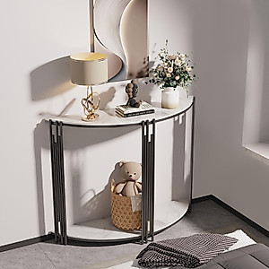 Wisfor Sintered Stone Console Table: Half Round White Entryway Table with Black Frame - Modern Narrow Sofa End Table - Semicircular Accent Table for Hallway, 39.4x11.8x30.7 inch