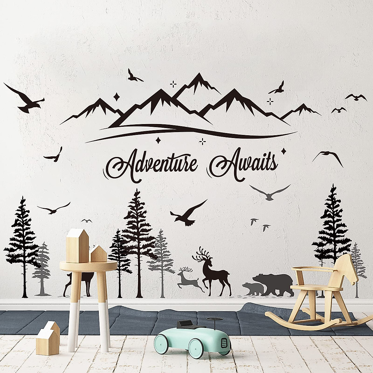 Adventure Awaits Wall Stickers Decals Removable Travel Inspirational Quotes Wall Decals Forest Pine Tree with Bear Home Decor Sticker for Living Room Bedroom Nursery Room Home Decor