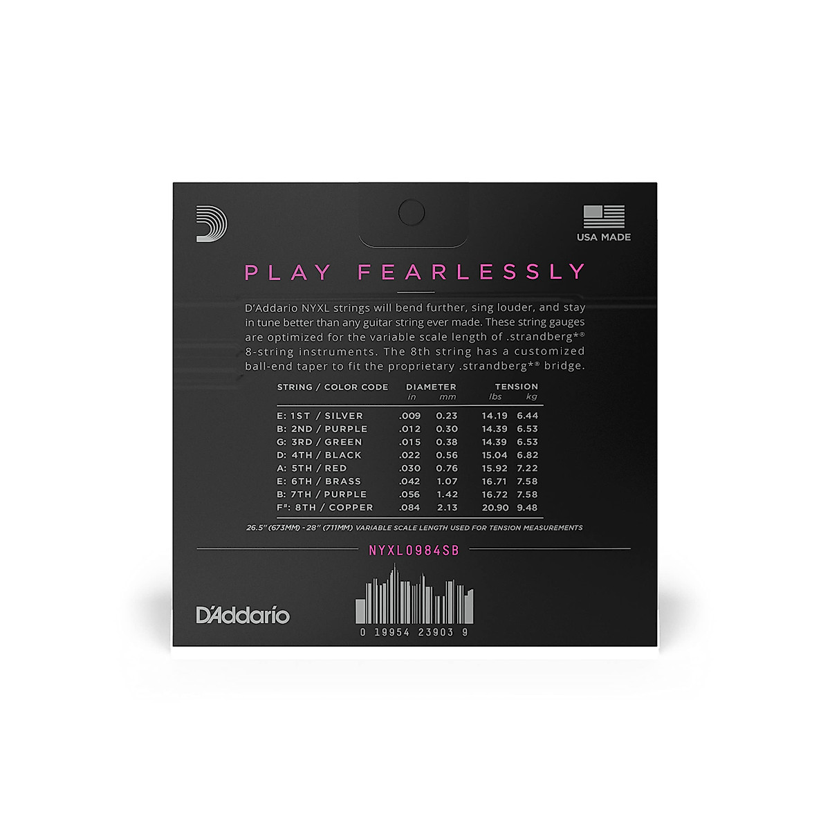 D'Addario Guitar Strings - NYXL Electric Guitar Strings - NYXL0984SB - Unrivaled Strength, Tuning Stability, Enhanced Mid-Range - For 8 String Guitars - 09-84 Custom Light 8-String Strandberg