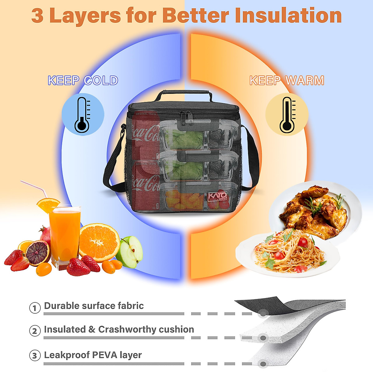 Large Insulated Lunch Bag for Women Men, 10L Leakproof Thermal Reusable Lunch Box for Adult & Kids, Tall Meal Prep Lunch Cooler Tote with Pockets for Office Work by Tirrinia, Charcoal