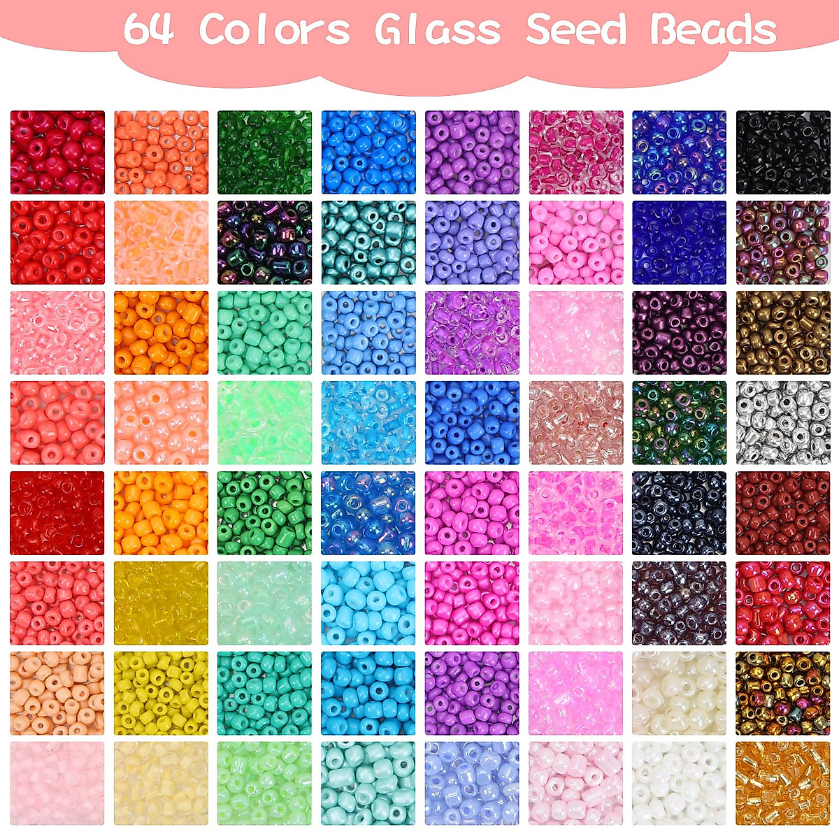 QUEFE Craft Beads Kit 6400pcs 4mm Glass Seed Beads and 960pcs Letter Beads for Friendship Bracelets Jewelry Making Necklaces and Key Chains with 2 Rolls of Crystal String, DIY Art Craft Gifts