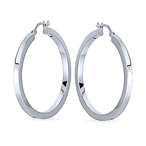 Simple Large Round Flat Square Tube Big Hoop Earrings For Women .925 Sterling Silver Hinged Notched Post 1.65 Inch Diameter