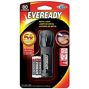 Eveready Compact LED Metal Flashlight​​​​ Water Resistant, Includes 3 Super Heavy Duty AAA Batteries, 21 Lumens , Black
