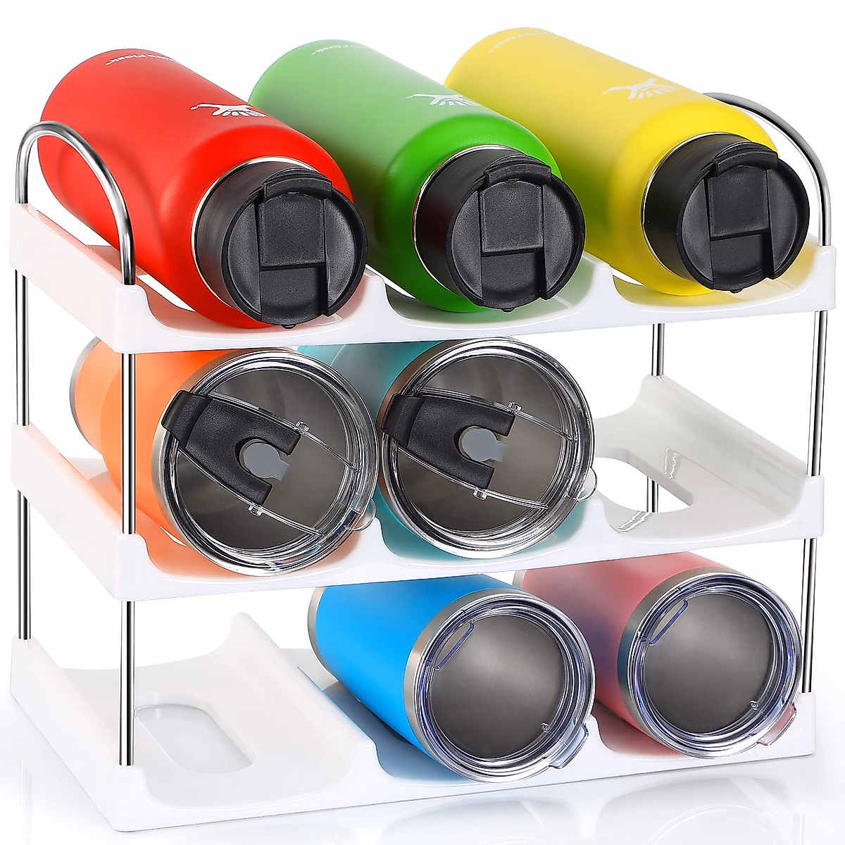 [ Large Compartment ] 3 Tier Stackable Water Bottle Organizer for Cabinet - 9 Bottle Holder Rack for Tumblers, Cups, Wine Bottles - Home Storage, Kitchen Organization Shelf for Countertop, Cupboard