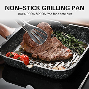 Kordisen Nonstick Grilling Pan with Lid for Stove Tops, 11 Inch Square Grill Pan for Indoor Cooking, Granite Coating Grill Skillet with Pour Spouts, Versatile Griddle, Induction Steak Pan, PFOA Free