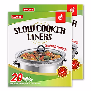 40 Count Disposable Slow Cooker Liners and Cooking Bags | Extra Large Size Fits 6-10 QT Pot, 14"x 22" | Suitable for Oval & Round Pot, BPA Free (2 Pack)