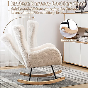 Olela Modern Rocking Chair Teddy Fabric Padded Seat with High Backrest and Armrests Accent Chair Lambswool Armchair Single Sofa Chair with Solid Wood Legs for Living Room Bedroom Playroom (Beige)