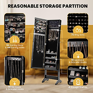 LOKO Freestanding Jewelry Armoire Cabinet, Jewelry Organizer with Full Length Mirror, Standing Makeup Mirror Cabinet w/ 3 Adjustable Angles & Large Storage Capacity, for Bedroom Dressing Room (Black)