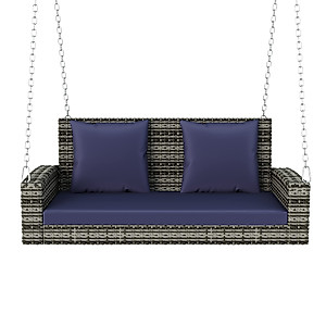 2-Person Porch Swing with Hanging Chains,Outdoor Rattan Wicker Porch Swing Bench with Cushion/Pillow for Front Garden, Backyard, Pond(Gray Wicker, Blue Cushion)
