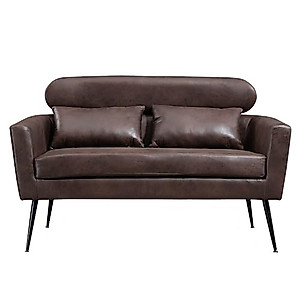 51" Faux Leather Loveseat Sofa with 2 Throw Pillows,Mid-Century Loveseat Faux Leather Sofa Couch for Small Space,Two-Seater Sofa with Metal Legs,Small Mini Room Couch for Office (Dark Brown)