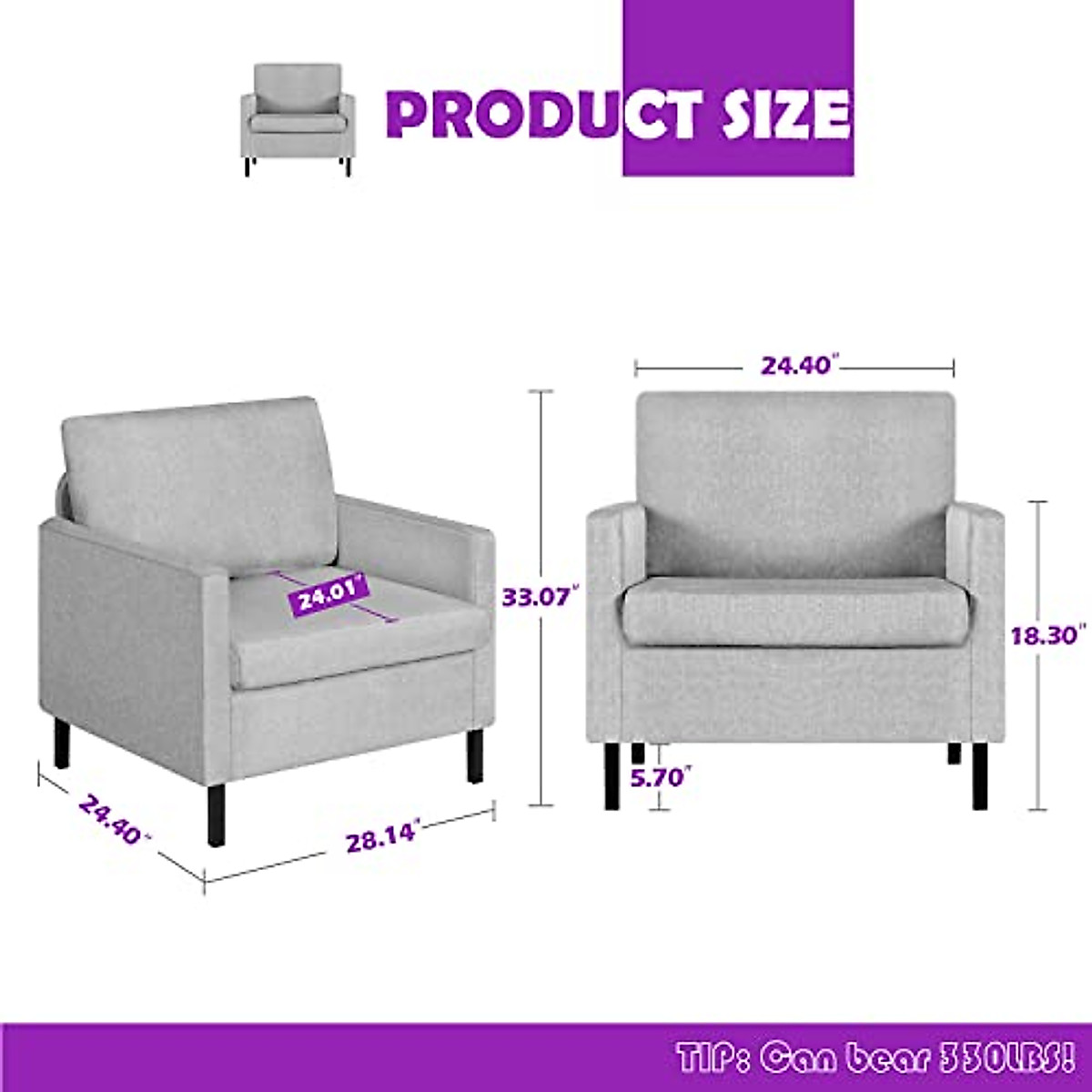 TYBOATLE Modern Upholstered Linen Fabric Accent Arm Chairs, Living Room Single Sofa Chair with Metal Legs, Comfy Reading Lounge Armchair for Small Spaces, Apartment, Bedroom, Office (Light Grey)