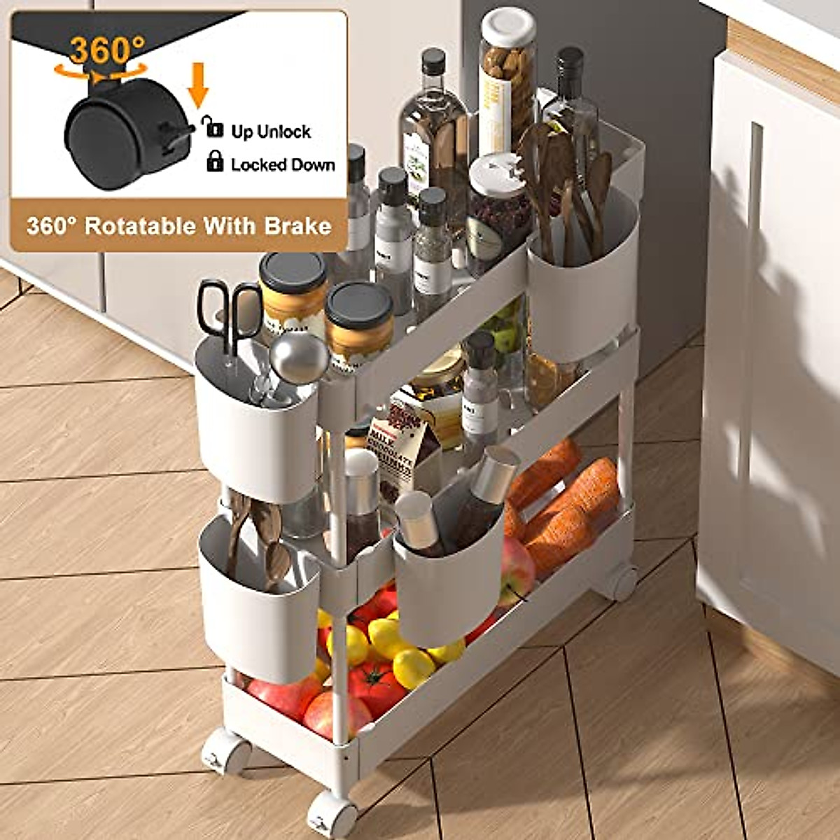 TiLeMiun 3-Tier Storage Rolling Cart Storage Utility Cart Rolling Multifunctional Organizer Mobile Shelving Unit Storage Shelves Slide Out Trolley Cart Bathroom