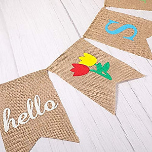 Hello Spring Banner Burlap Decoration Hello Spring Hanging Banner Garland Spring Home Mantel Fireplace Party Hanging Decoration for Door Mantel Fireplace Party Hanging Supplies