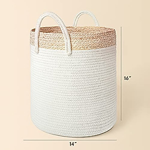Woven Basket Rope Storage Basket - Large Cotton Organizer 16 x 14 x 14 Inches, Natural and Safe For Baby and Kids, Two-Tone Woven Organizer with Corn Skin