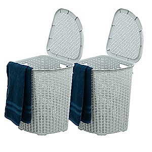 Plastic Corner Laundry Hamper with Lid, Curved Designed Laundry Basket, 2 Pack White Smoke Cloths Hamper Organizer with Cut-out Handles for Laundry Room Bedroom Bathroom, Wicker Design, 50 Liter