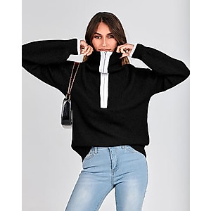 BTFBM Women's 2023 Fall Winter Half Zip Pullover Sweaters Casual V Neck Long Sleeve Ribbed Knit Loose Jumper Tops(Solid Black, Medium)