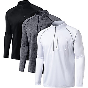ATHLIO Men's Long Sleeve Athletic Shirts - Quick Dry, UV Sun Protection, 1/4 Zip Pullover Running Tops, 3-Pack Black/Carbon Grey/White, Large