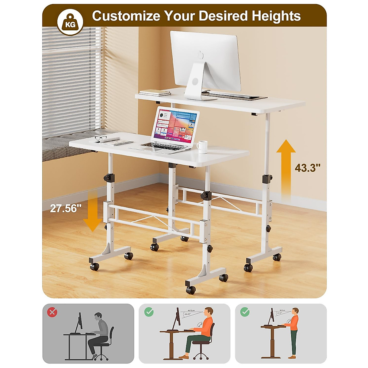 JHMYHO Portable Rolling Desks with Wheels Adjustable Height Small Laptop Desk Small Standing Desk for Small Space Uplift Mobile Work Desk on Wheels White