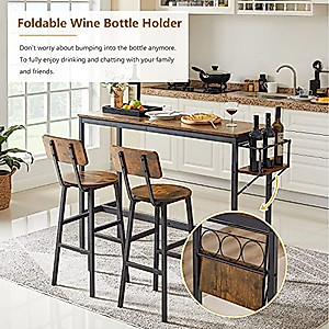 Tatub Bar Table and 2 Chairs Set, Industrial Style 3 Pieces Pub Dining Table Set with Collapsible Bottle Holder, 2 Bar Stools with Backrest for Kitchen, Apartment, Small Space
