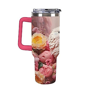 Flower Bird Peony Parrot 40 Oz Car Cup Stainless Steel Travel Mug Leak-Proof Insulated Tumbler with Handle Light Rose Red-style