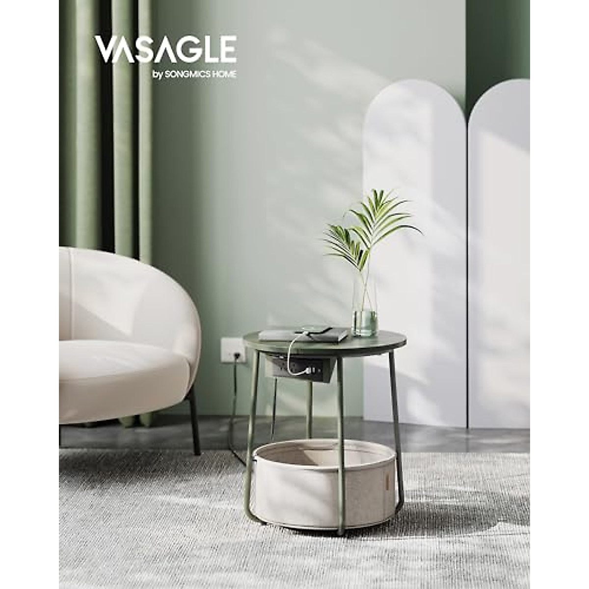 VASAGLE Side Table with Charging Station, Round End Table With Fabric Basket, Nightstand with Power Outlets USB Ports, for Living Room, Bedroom, Modern, Forest Green and Cream White ULET228C04