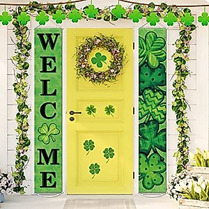 St Patricks Day Door Banner Decoration Irish Shamrock Front Porch Decor Welcome Hanging Sign Green Saint Patrick's Day Clover Backdrop for Classroom Home Wall Office Yard Indoor Outdoor Party Supplies