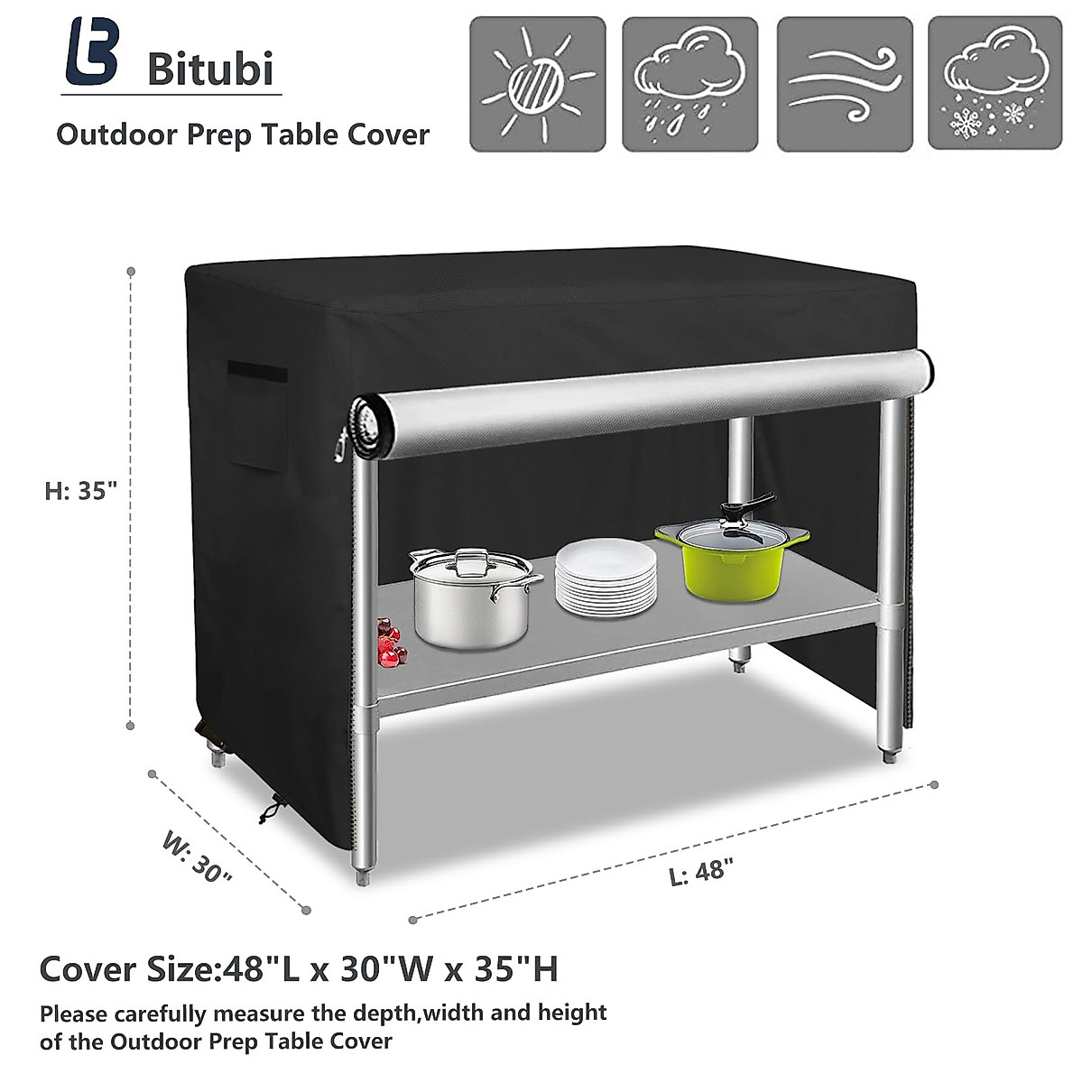 Bitubi 48 Inch Outdoor Prep Table Cover with Split Zipper, Waterproof Stainless Steel Grill Cart Cover for Patio Table - 48''L x 30''W x 35''H (Black)