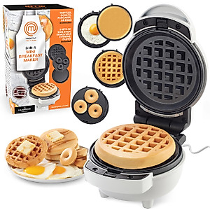 MasterChef 3-in-1 Mini Breakfast Maker- Make Eggs, Pancakes, Donuts, & Waffles and More in One Appliance! 3 Removable Non-Stick Cooking Plates for Easy Cleaning & Storing- Great Birthday, Holiday Gift