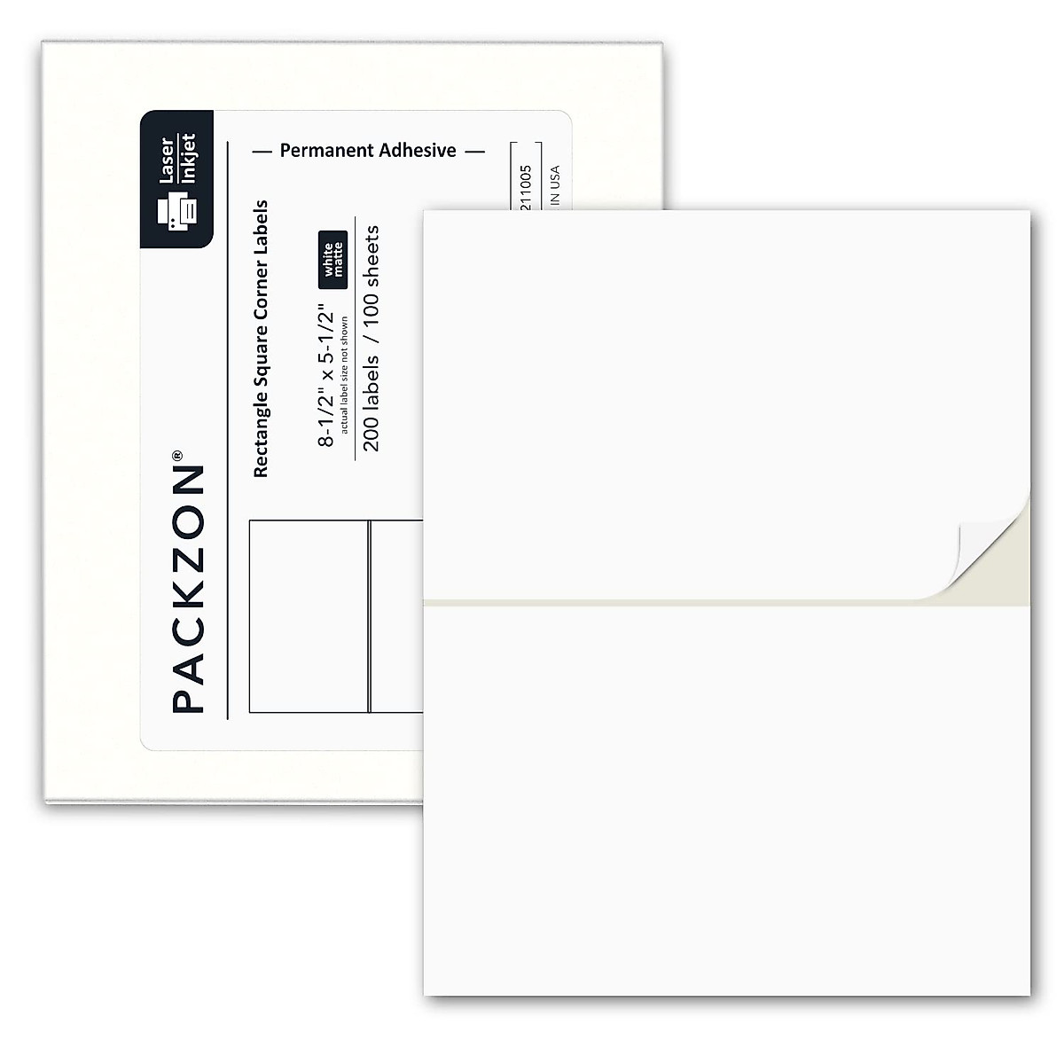 PACKZON Shipping Labels with Self Adhesive, Square Corner, for Laser & Inkjet Printers, 8.5 x 5.5 Inches, White, Pack of 200 Label