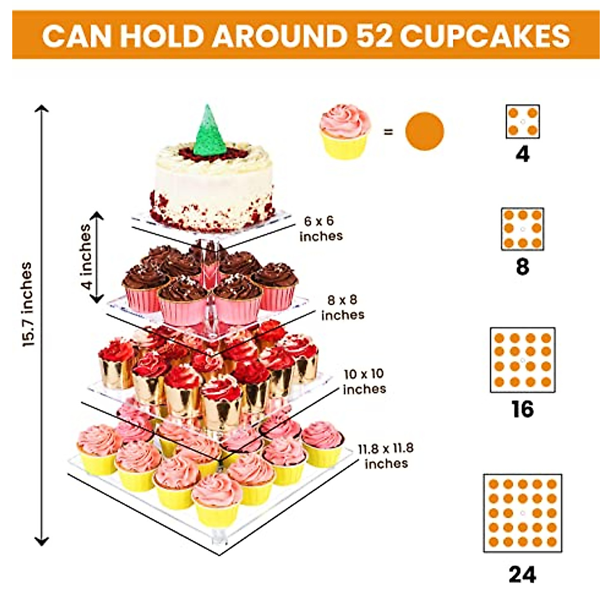 Utopia Home - Square Acrylic Cupcake Stand with Yellow LED Light Strings - 4 Tier Premium Cupcake Tower - Cup Cake Tier Stand for Dessert Table - Ideal for Weddings Birthday Parties