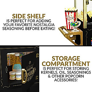 Nostalgia Popcorn Maker Professional Cart, 8 Oz Kettle Makes Up to 32 Cups, Vintage Movie Theater Popcorn Machine with Three Candy Dispensers and Interior Light, Measuring Spoons and Scoop, Black